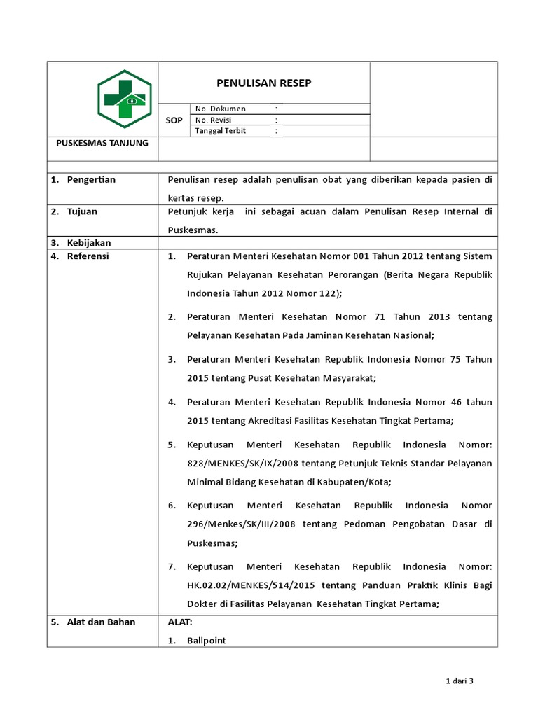 Contoh Sop Penulisan Resep PKM | PDF