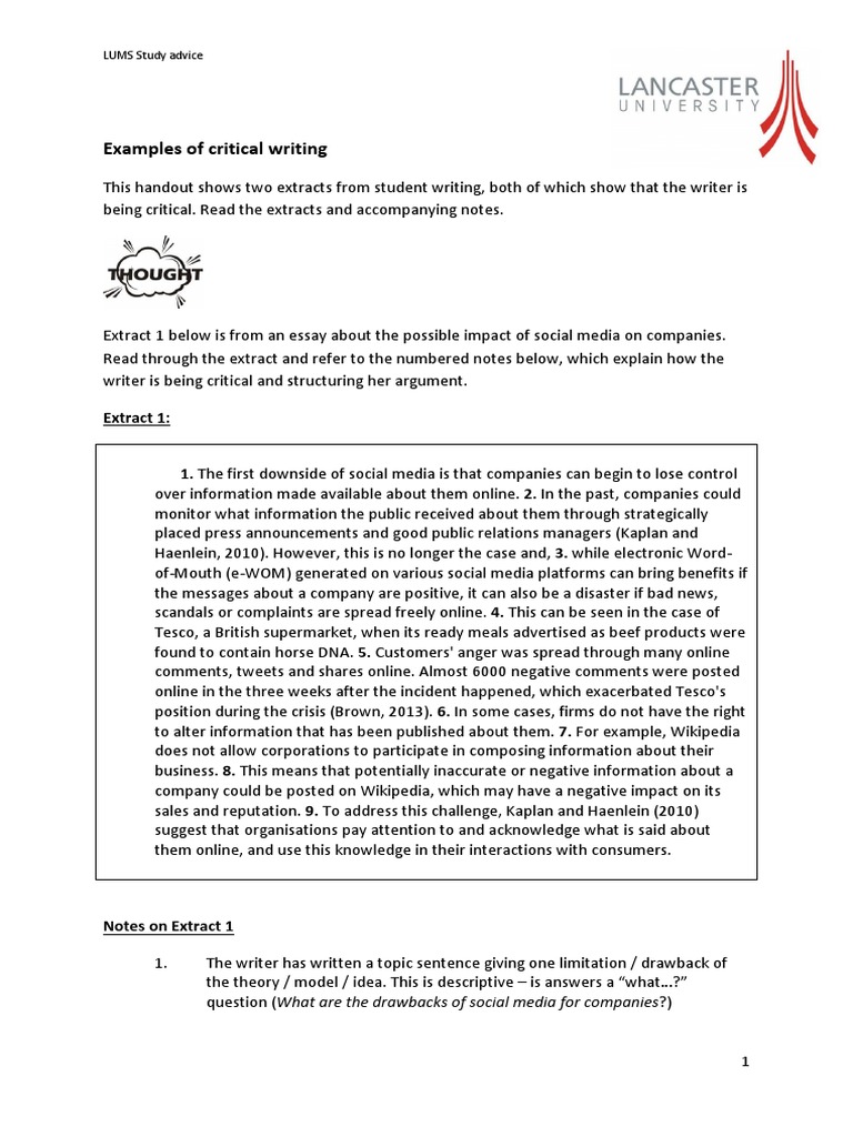 Examples of Critical Writing: Extract 1 | PDF | Social Media | Popular ...