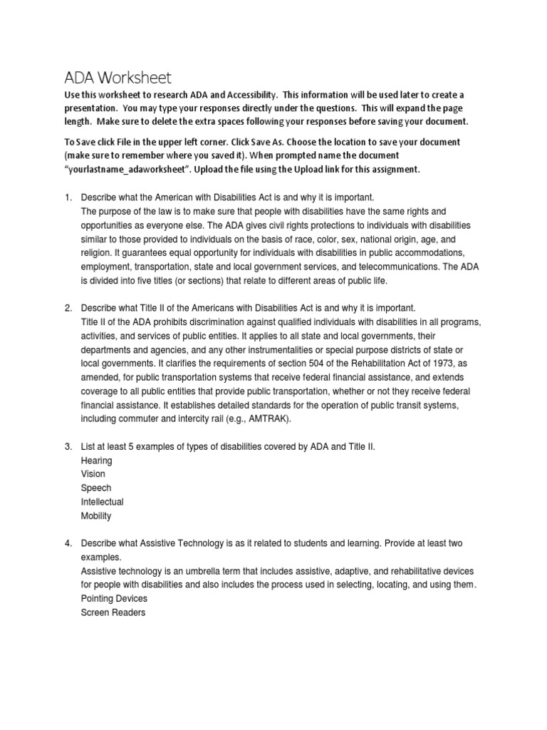 ADA Worksheet | PDF | Americans With Disabilities Act Of 1990 ...
