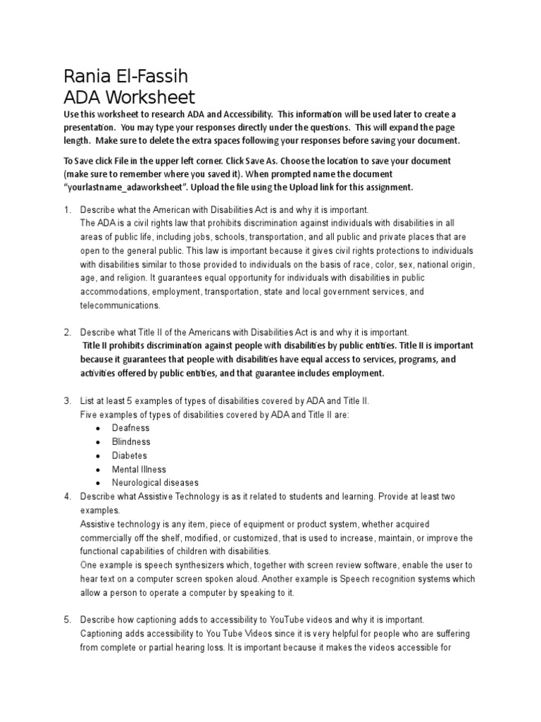Rania El-Fassih ADA Worksheet | PDF | Americans With Disabilities Act ...