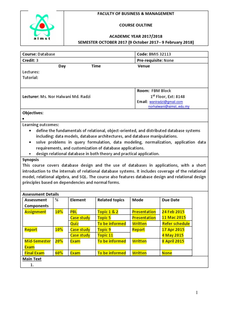 Course Outline Sample | PDF | Relational Database | Databases