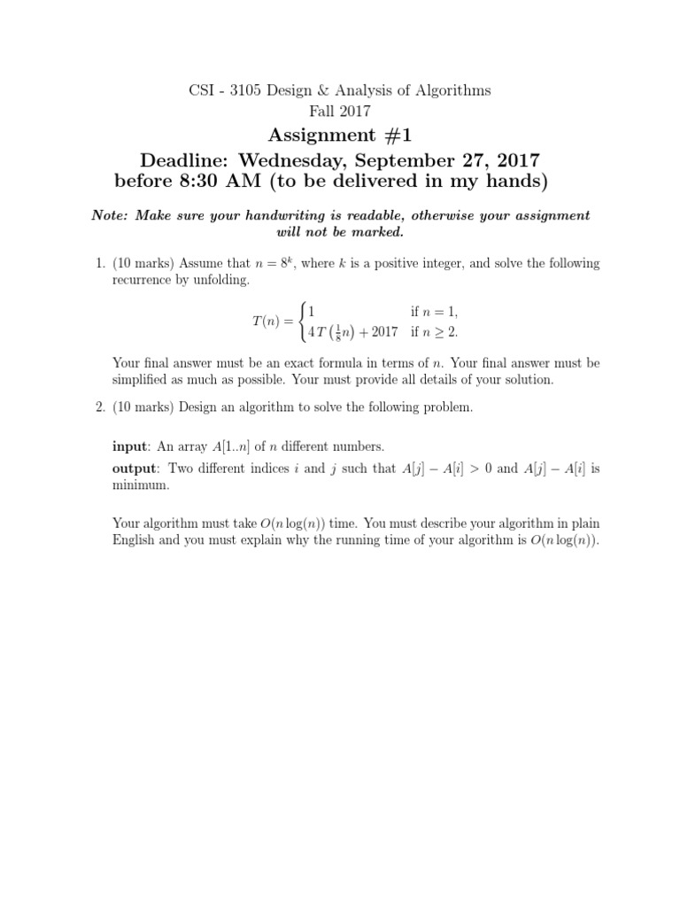 Assignment #1 Deadline: Wednesday, September 27, 2017 Before 8:30 AM ...