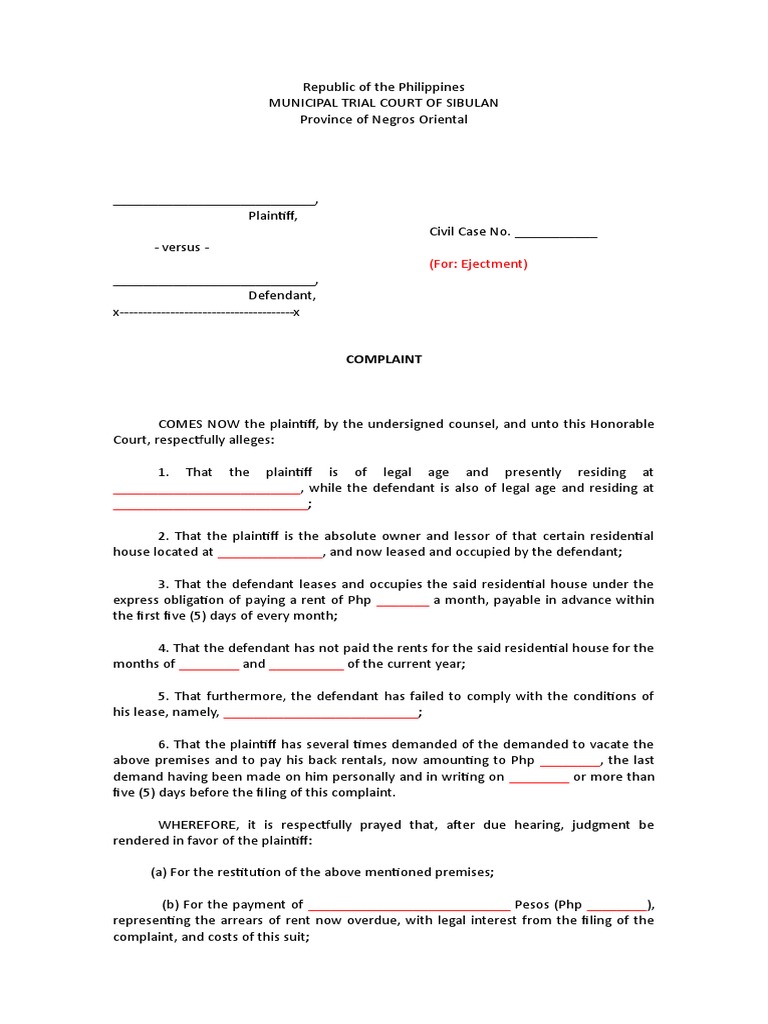 Sample Complaint For Ejectment | Lease | Lawsuit