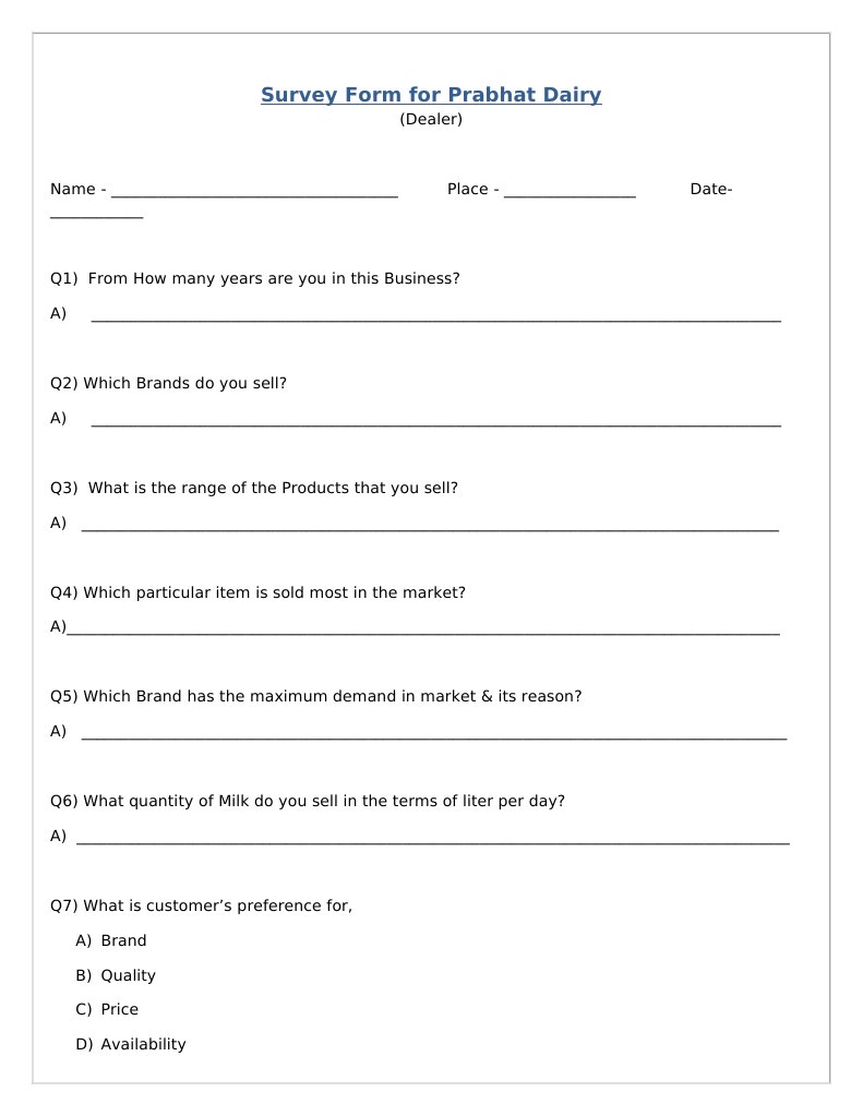 Prabhat Dairy Dealer Survey Form | PDF