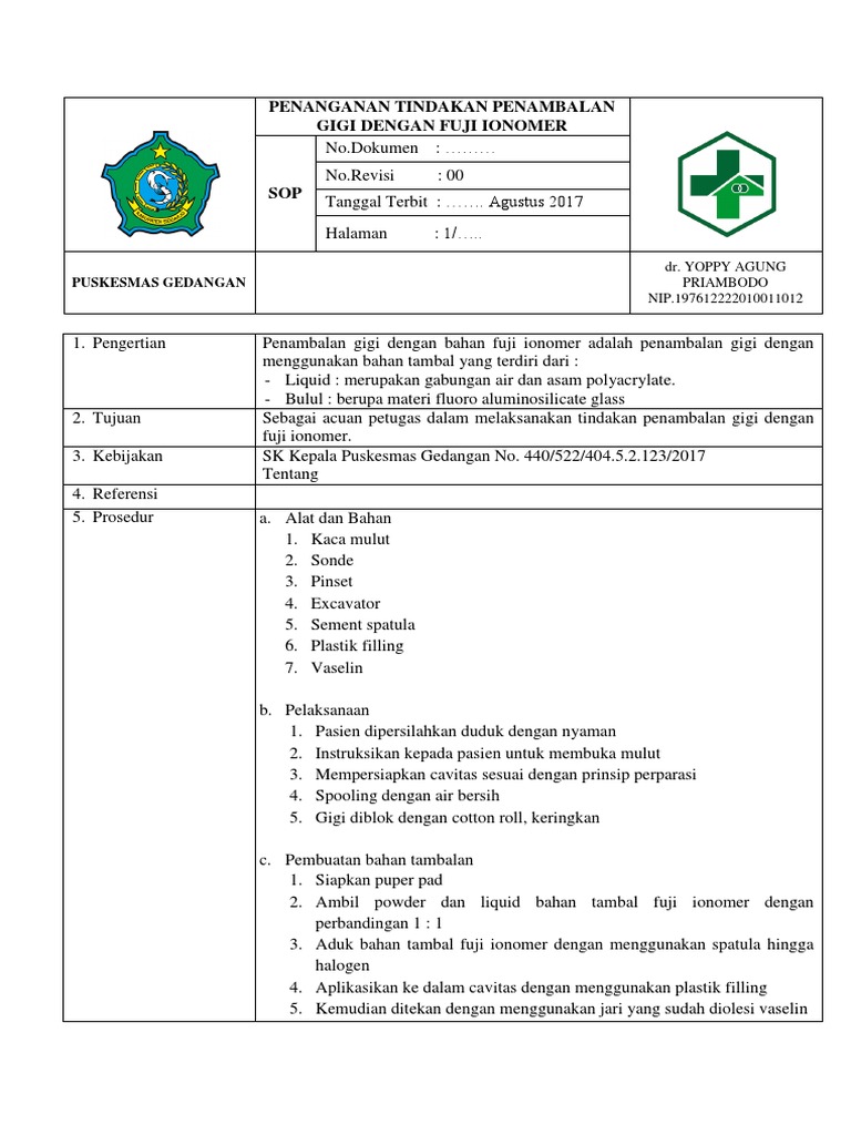 Sop Penanganan Tindakan Penambalan Gigi Dengan Fuji Ionomer | PDF