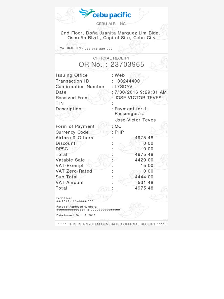 Cebu Pac Official Receipt PDF | PDF | Receipt | Service Industries