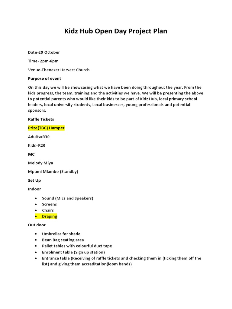 Kidz Hub Open Day Project Plan | PDF