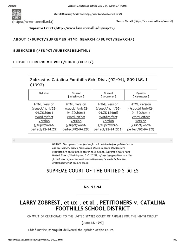 Zobrest v. Catalina Foothills Sch. Dist. | PDF | Establishment Clause ...