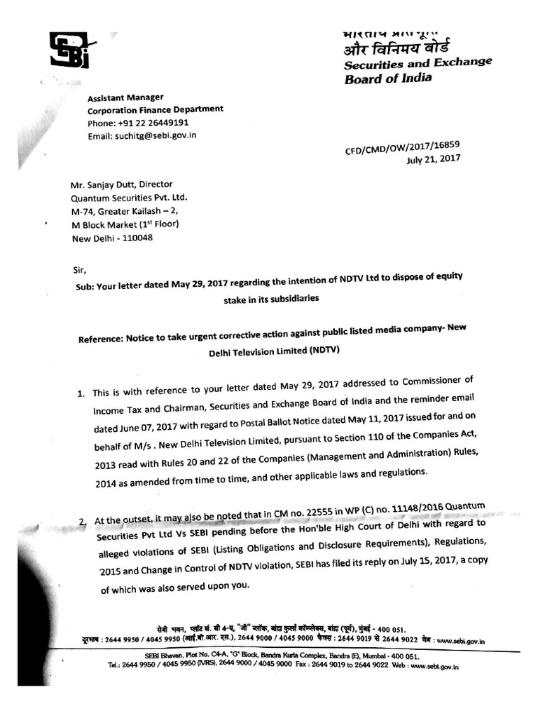 SEBI Change of Control Letter July 21 2017 | PDF