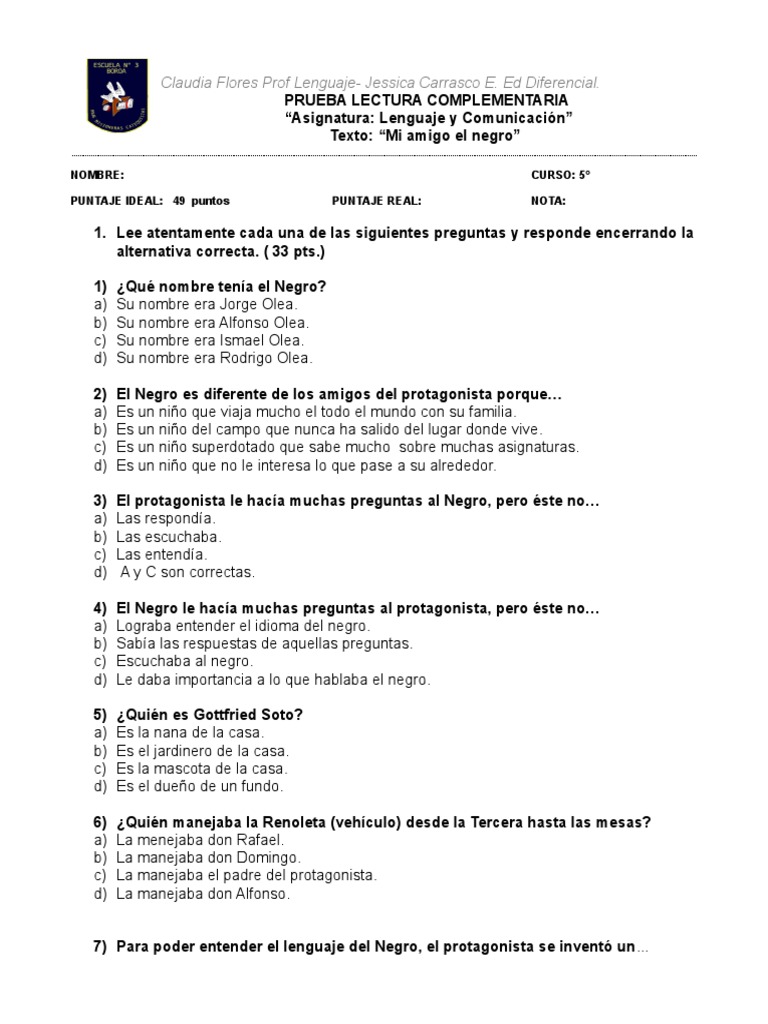 Prueba de Lectura: Mi Amigo el Negro | PDF | Lectura (proceso) | Alimentos