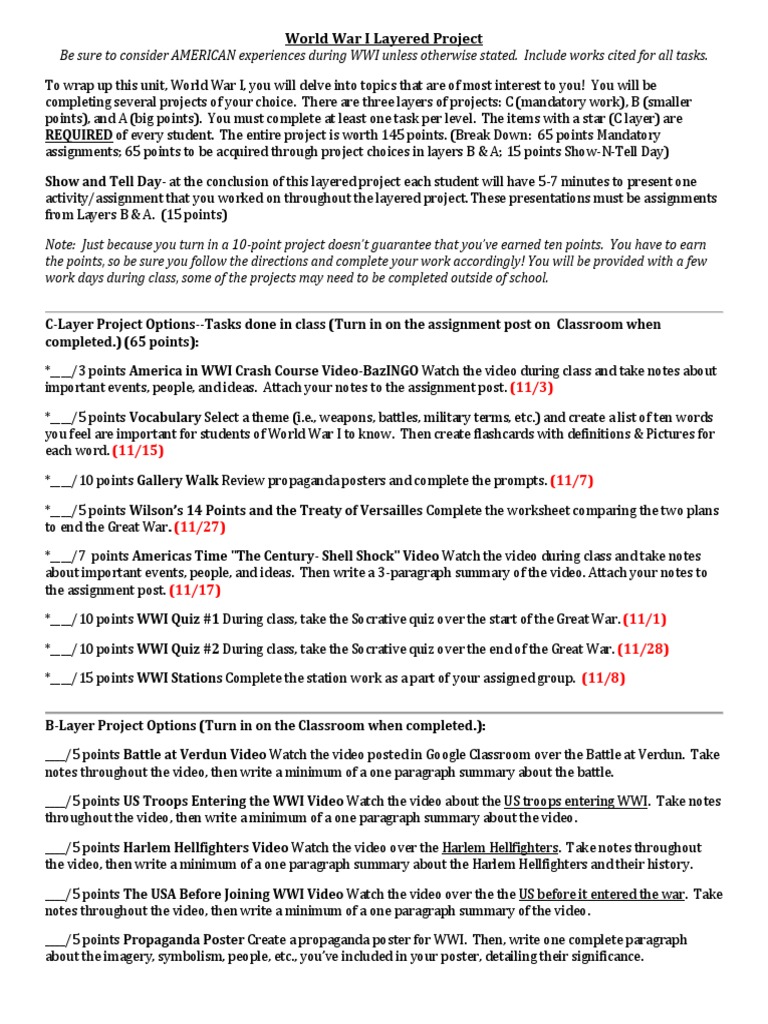 Wwi Layered Project | PDF | World War I | Rubric (Academic)