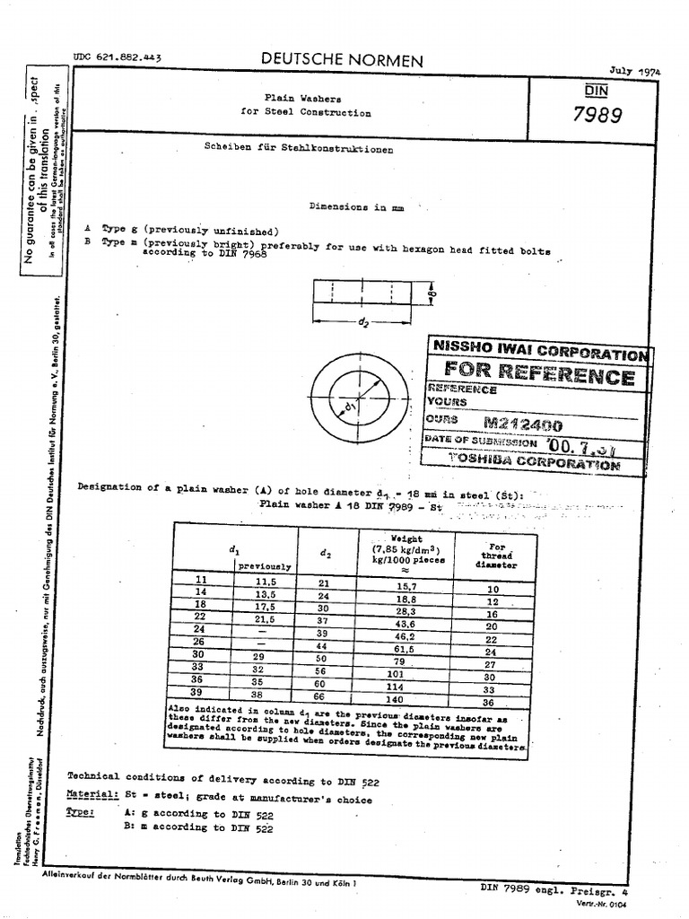 DIN 7989 7-1974 Plain Washers for Steel Construction