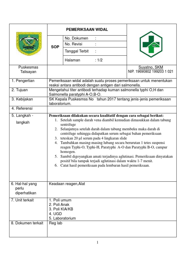 Sop Pemeriksaan Widal | PDF