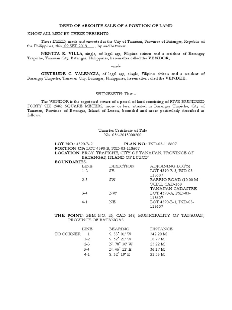 Deed of Absolute Sale of a Portion of Land | Property Law | Government ...
