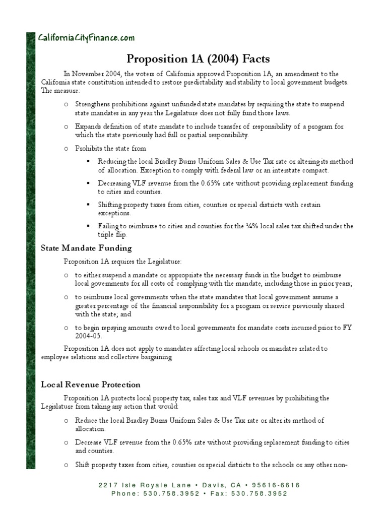 Proposition 1A (2004) Facts: State Mandate Funding | PDF | Constitution ...