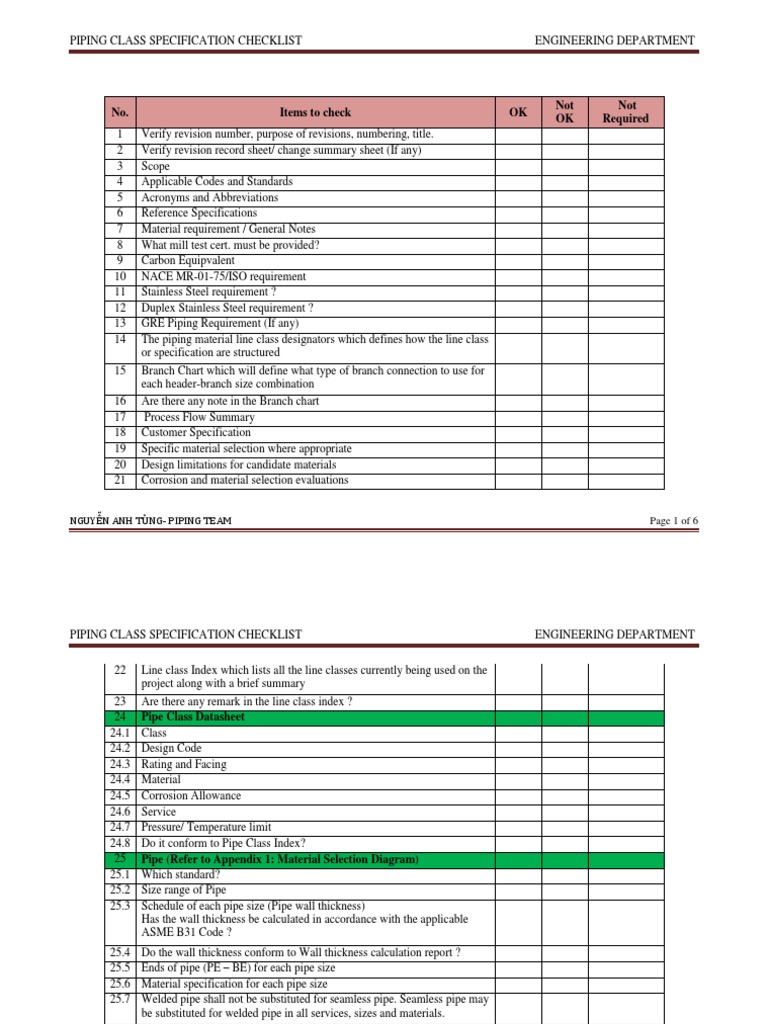 Piping Specification Checklist | PDF | Pipe (Fluid Conveyance ...