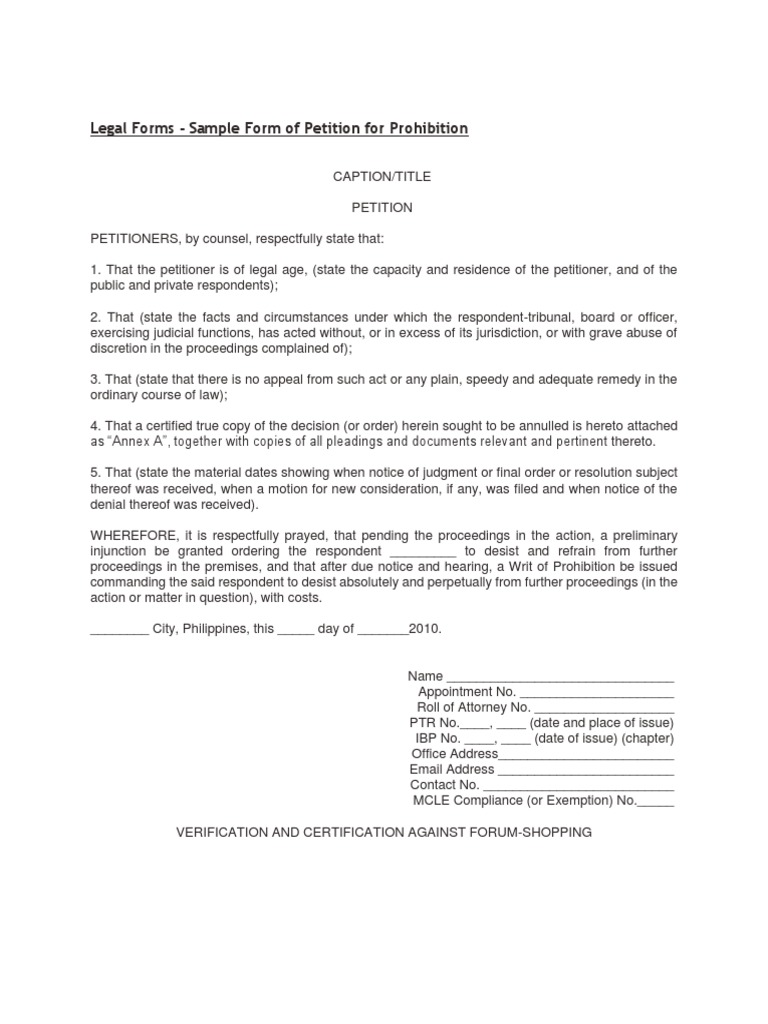 Sample Prohibition and Certiorari | Writ Of Prohibition | Social Institutions