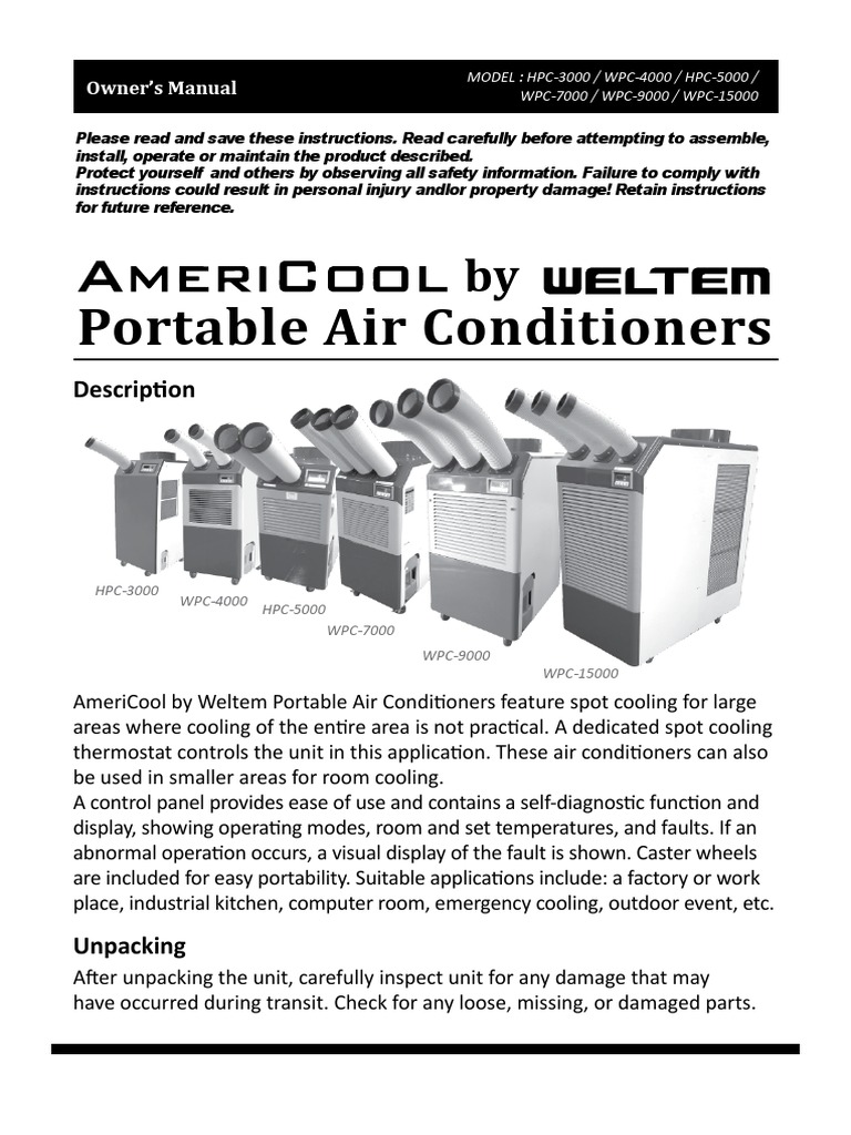 AmeriCool Portable AC Owner's Manual | PDF | Air Conditioning | Duct (Flow)