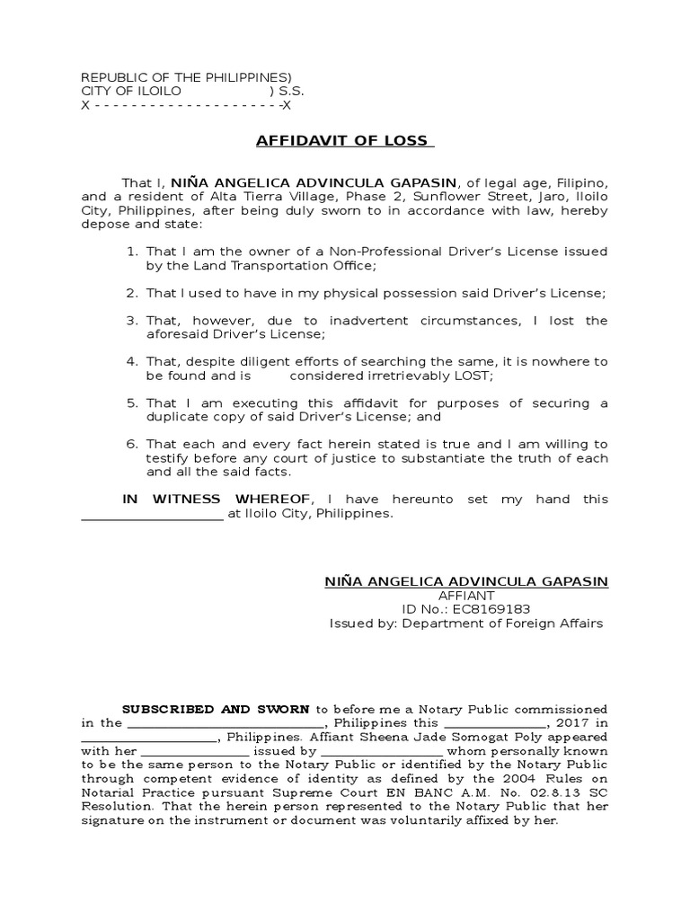 (Sample) Affidavit of Loss (Driver's License) | PDF | Law