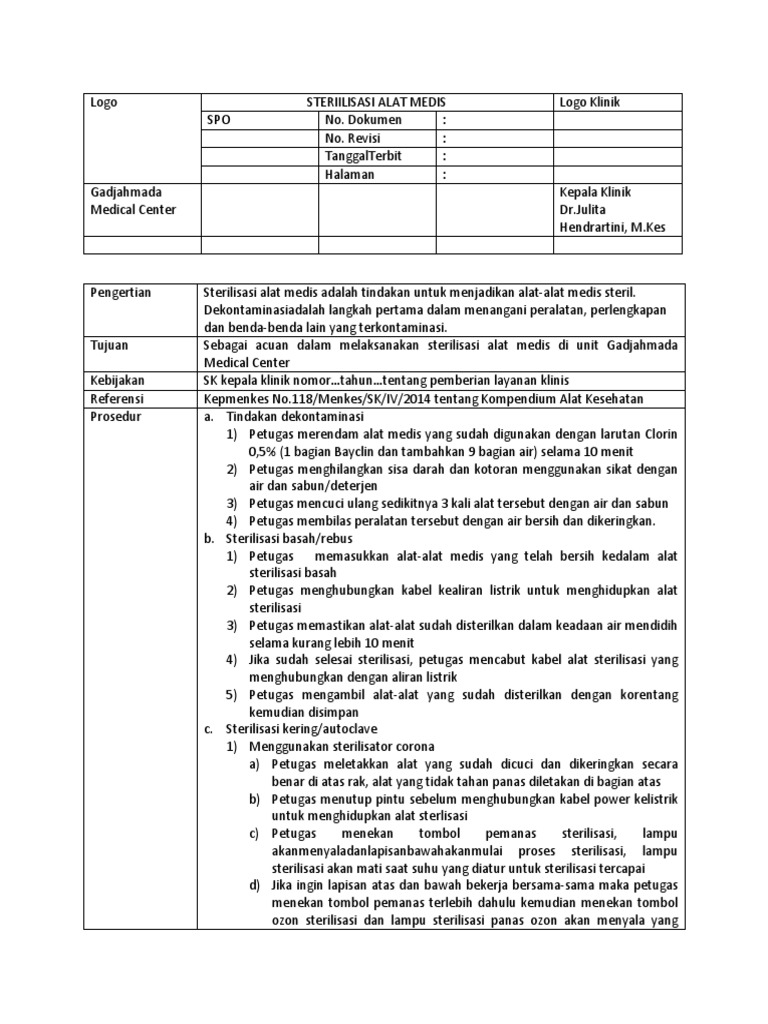 15 SOP Sterilisasi Alat Medis GMC | PDF