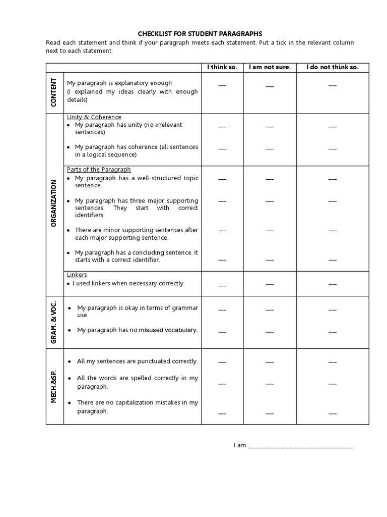 Student Self-Evaluation Checklist | PDF | Paragraph | Epistemology