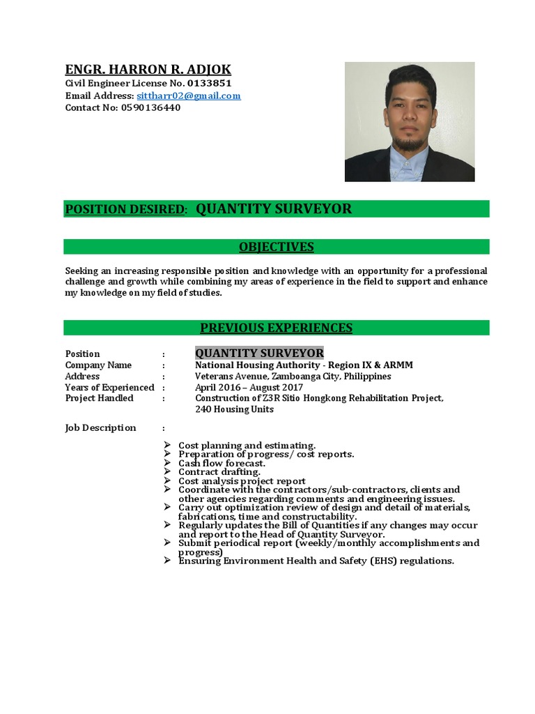 Quantity Surveyor CV | PDF | General Contractor | Architect