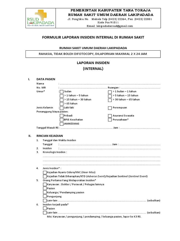 Formulir Laporan Insiden Internal Di Rumah Sakit | PDF