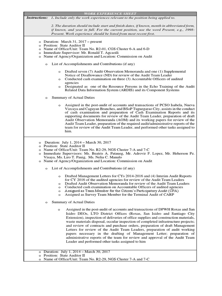 CS Form No 212 Attachment Work Experience Sheet PDF Audit