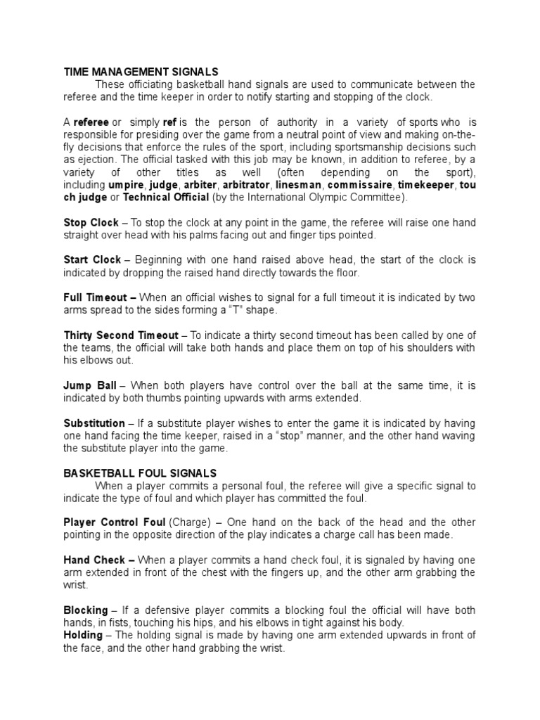 Basketball Timeout and Signal Guide | PDF | Referee | Sports Rules And ...