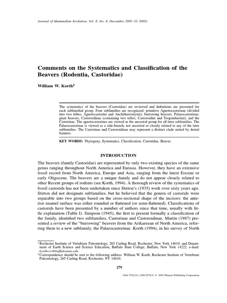 Comments On The Systematics and Classification of The Beavers (Rodentia ...