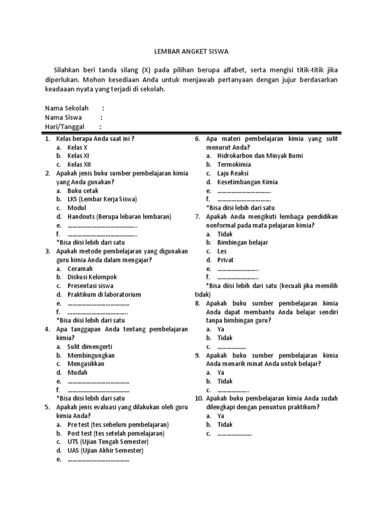 Lembar Angket Siswa | PDF