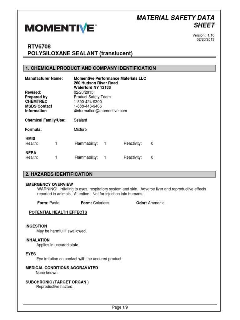pdf-msds_Momentive-RTV6708_8.13.pdf | Formaldehyde | Personal ...
