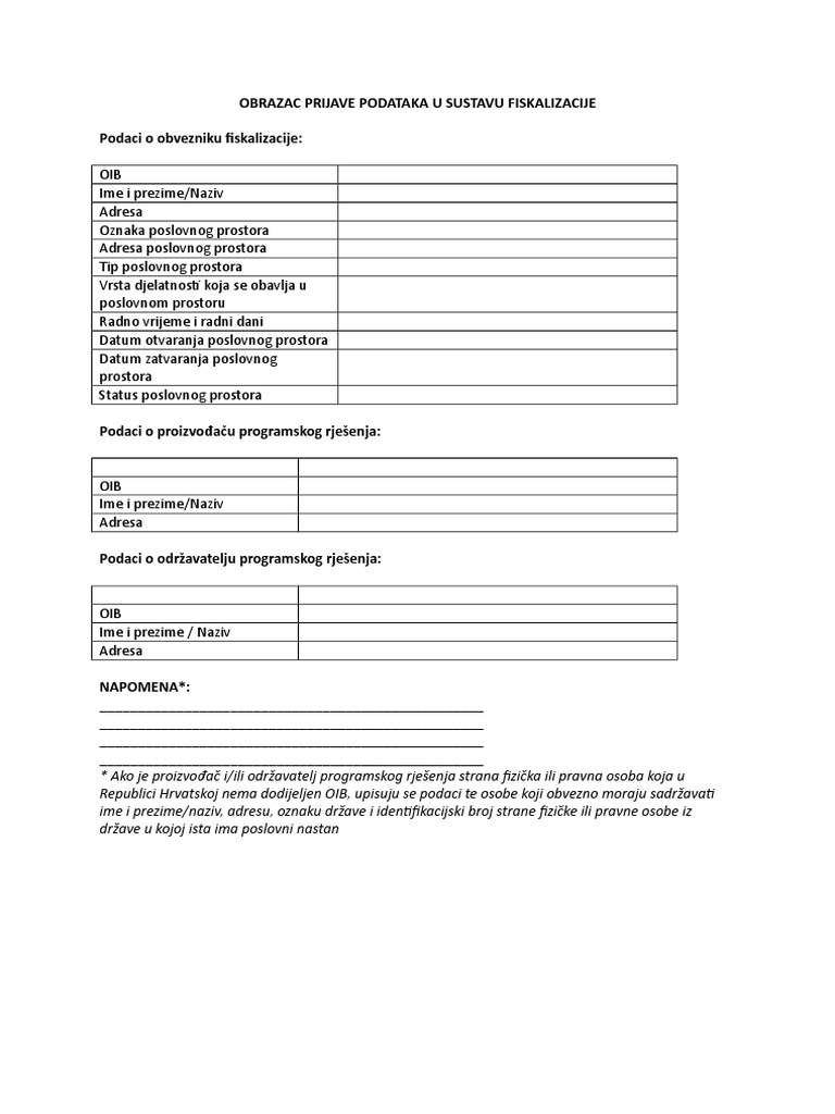 Obrazac Prijave Podataka U Sustavu Fiskalizacije | PDF