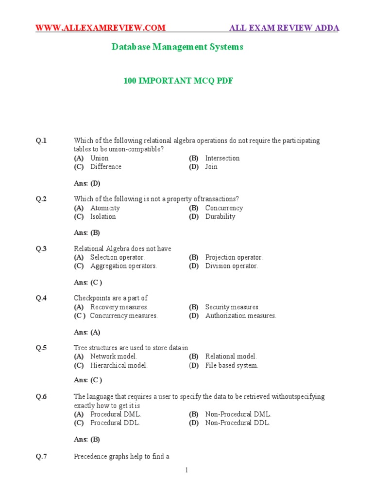 Dbms MCQ 100 | PDF | Relational Database | Databases
