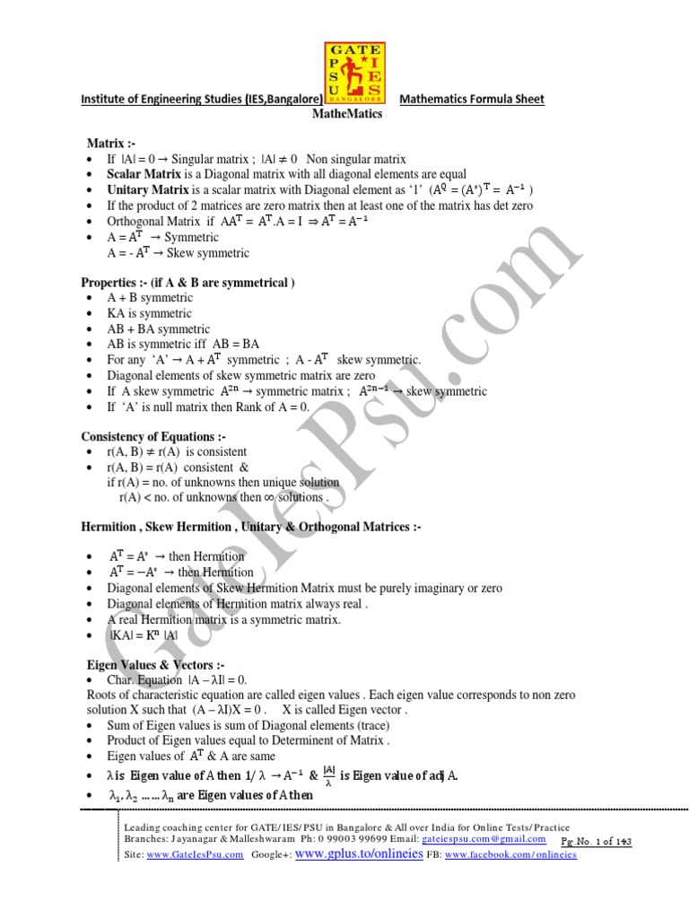 Eee Formula Sheet | PDF | Eigenvalues And Eigenvectors | Matrix ...