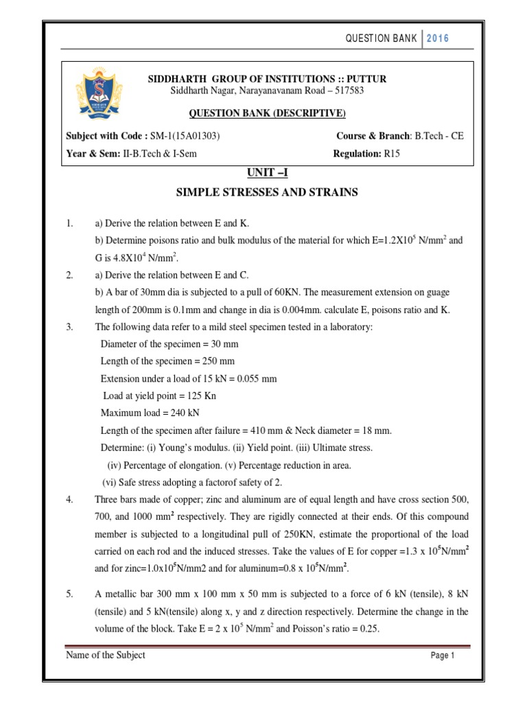 Unit - I Simple Stresses and Strains | PDF | Elasticity (Physics ...