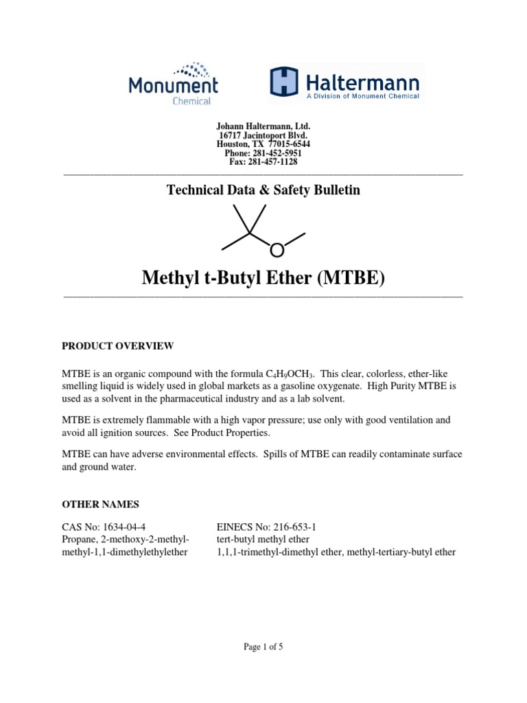 MTBE Technical Data & Safety Bulletin | PDF | Solvent | Water