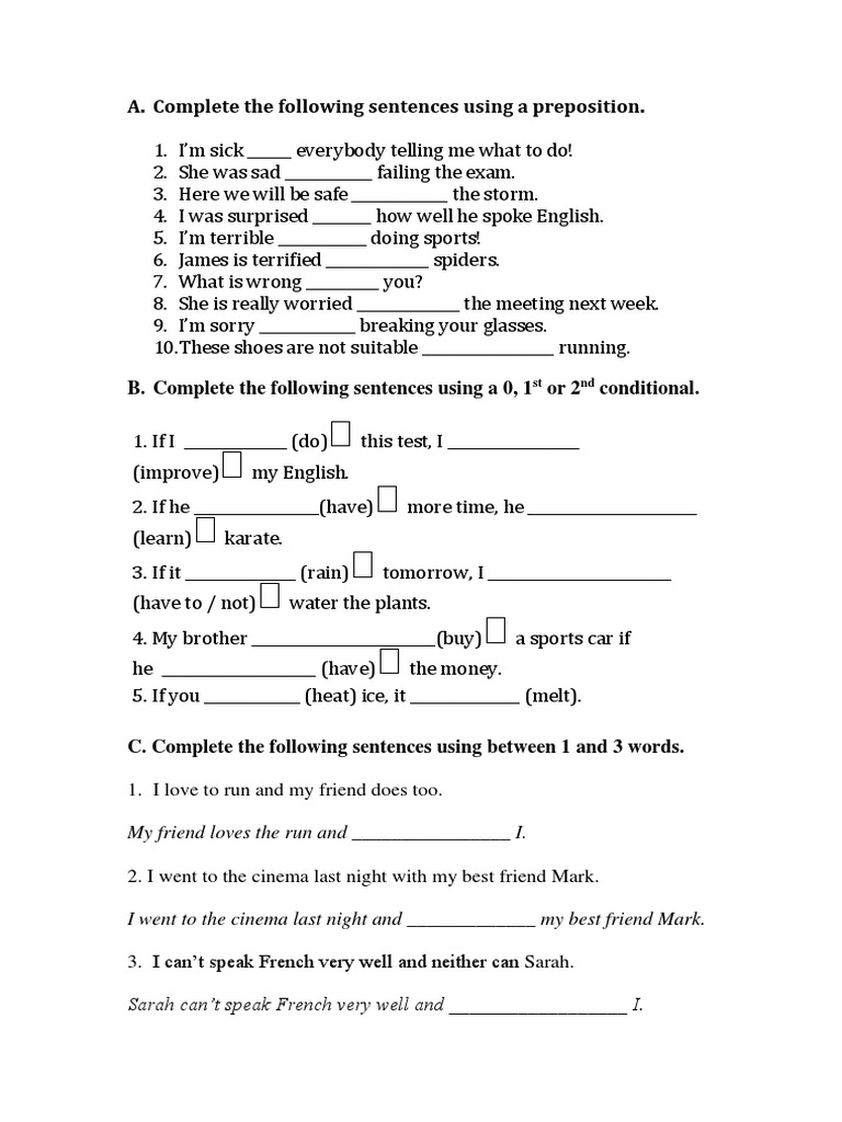 Complete The Following Sentences Using A Preposition | PDF | Syntax | Linguistics