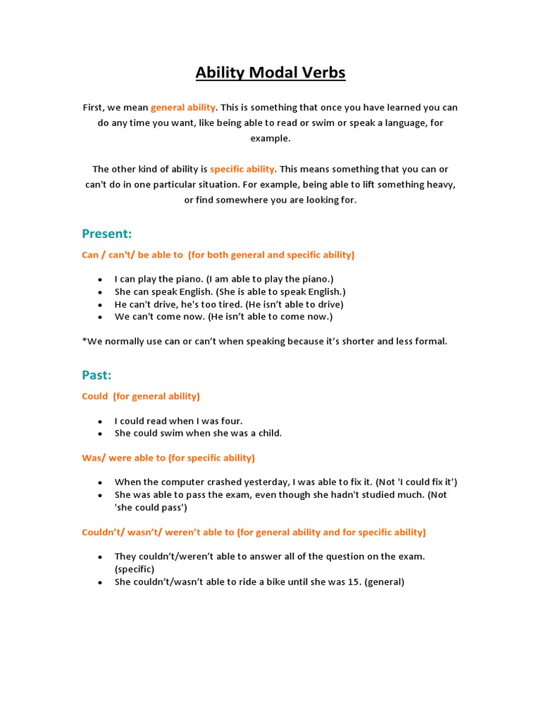 Ability Modal Verbs | PDF | Grammar | Morphology