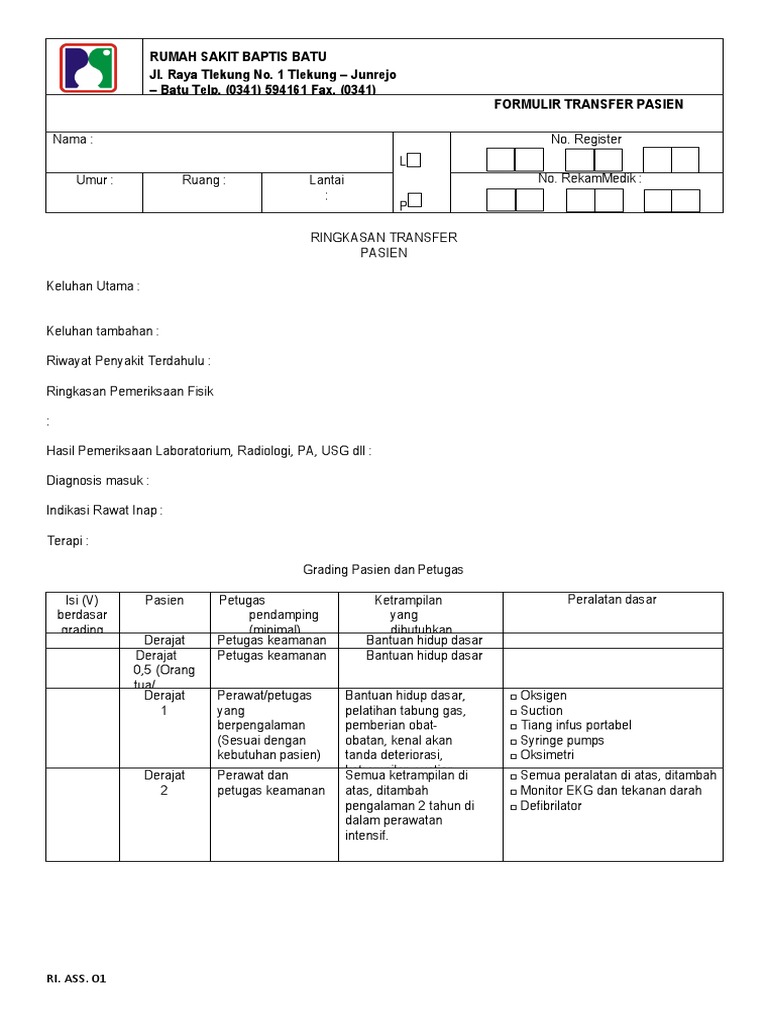 Formulir Transfer Pasien RS Baptis | PDF