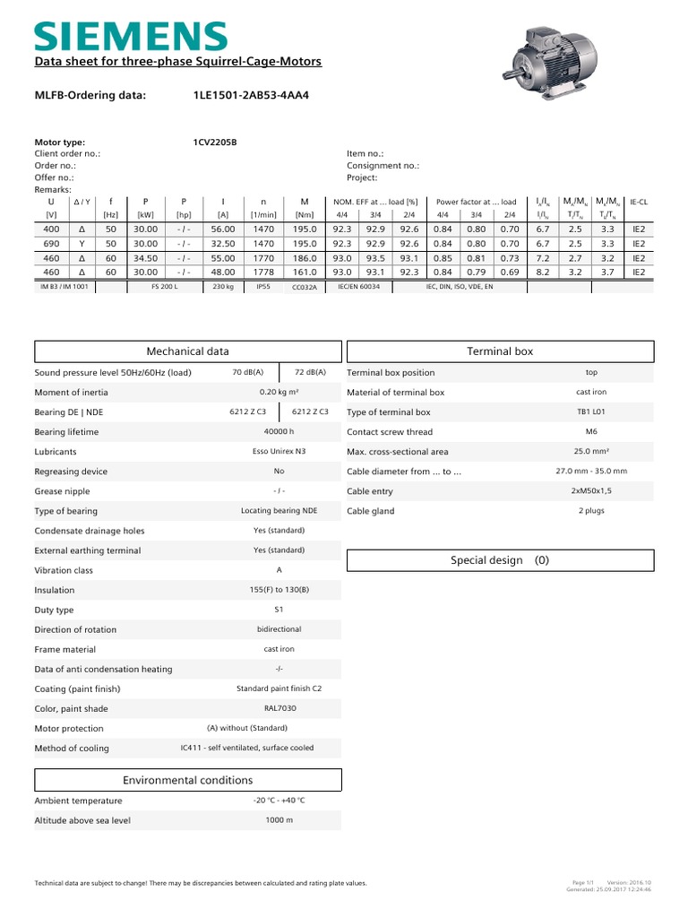 Three-Phase Motor Datasheet 1LE1501-2AB53 | PDF | Electrical ...