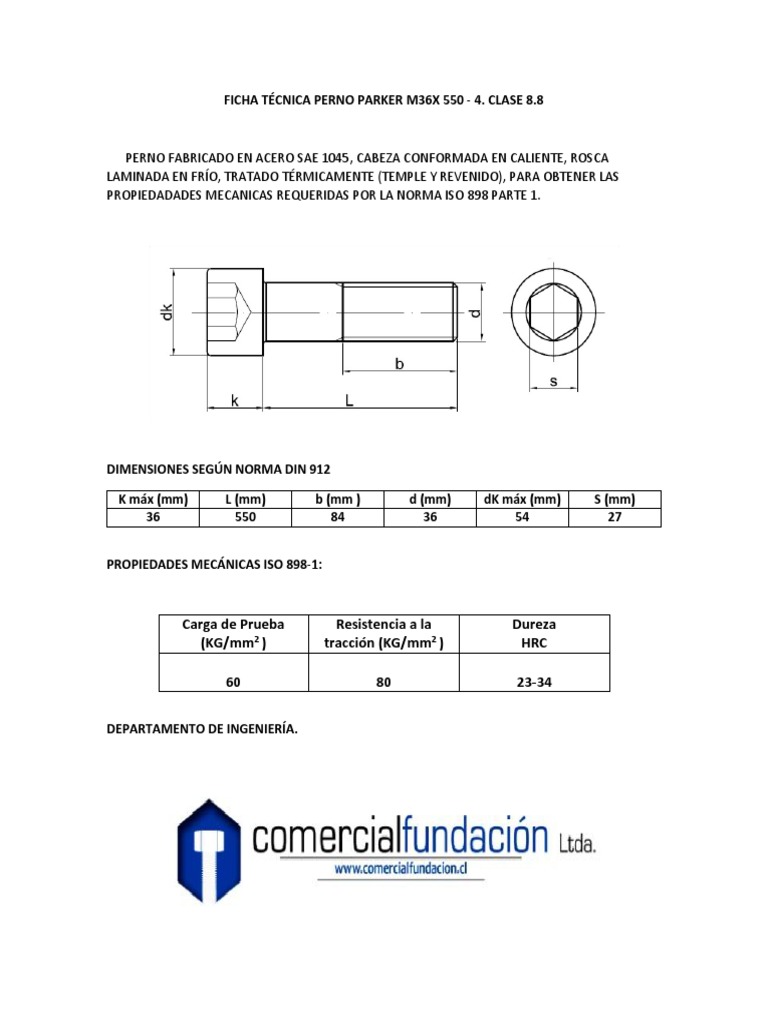Ficha Técnica Perno Parker m36x 550 | PDF