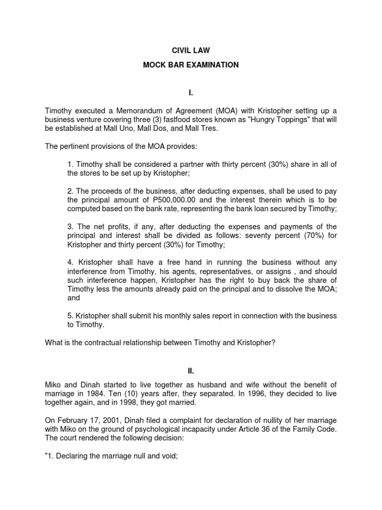 Civil Law Mock Bar | PDF | Annulment | Damages Civil Law Mock Bar | PDF | Annulment | Damages