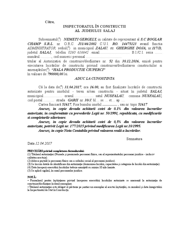 Instiintare IGSIC Finalizare Lucrari