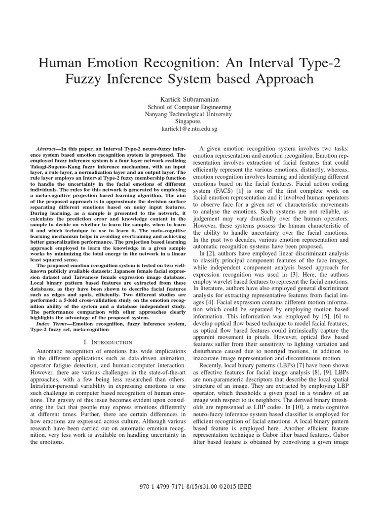 Human Emotion Recognition: An Interval Type-2 Fuzzy Inference System ...