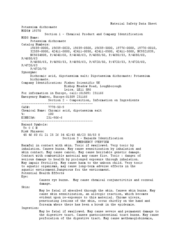 MSDS Potassium Dichromate | PDF | Chromium | Toxicity