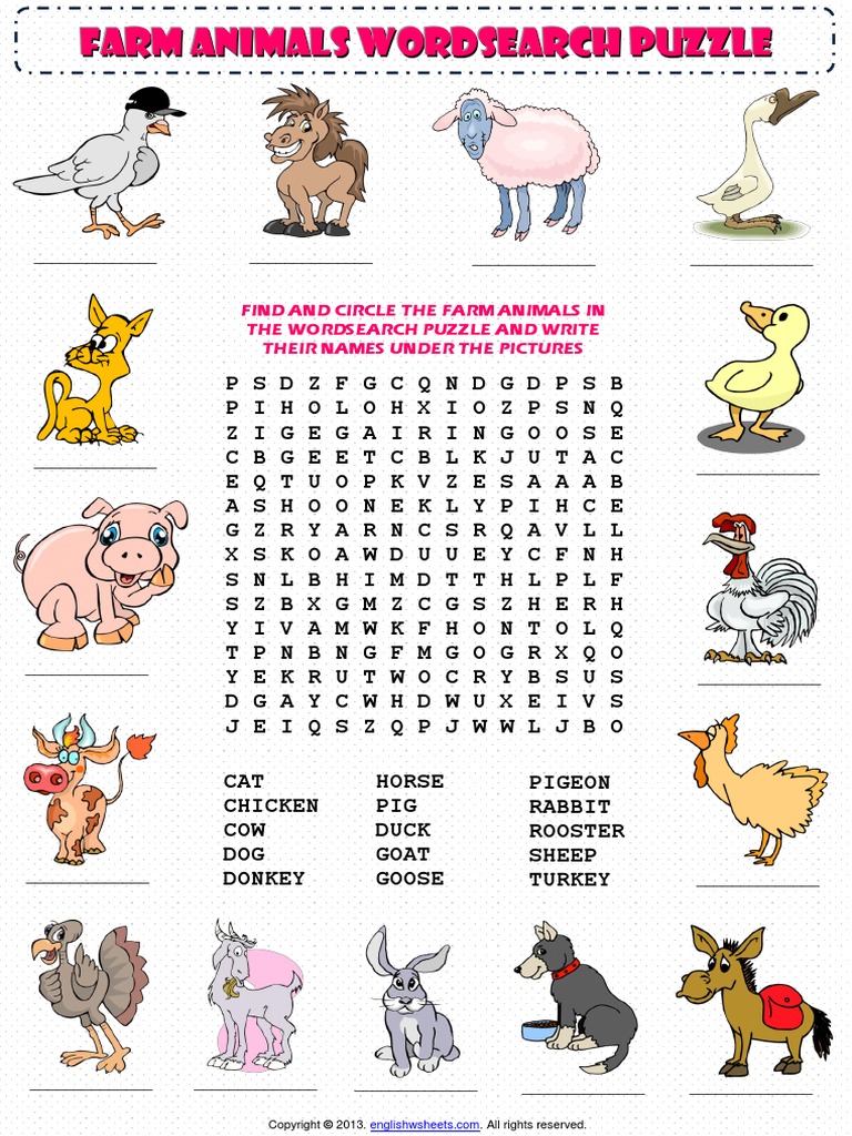 Farm Animals Wordsearch Puzzle Vocabulary Worksheet 1 PDF | PDF