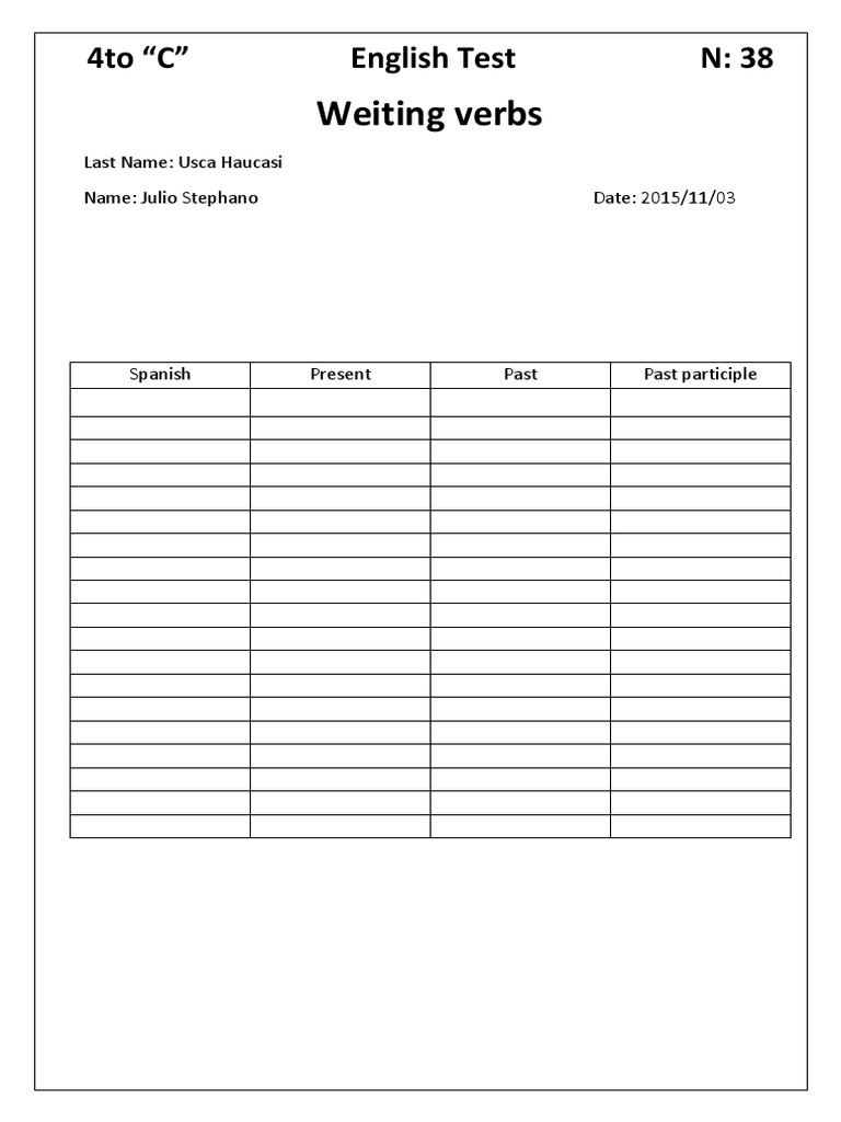 Weiting Verbs: 4to "C" English Test N: 38 | PDF