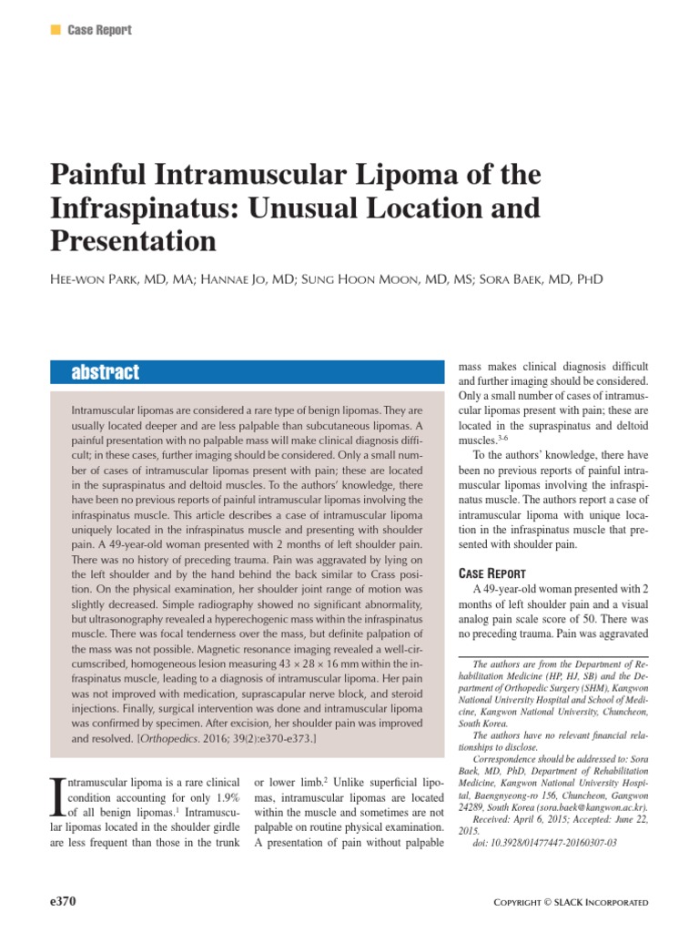 Painful Intramuscular Lipoma of The Infraspinatus Unusual Location and ...
