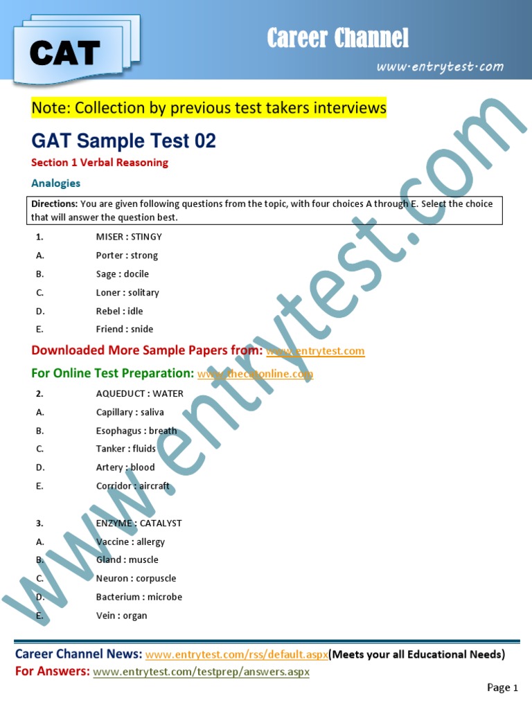 Sample Verbal Reasoning Questions from the Career Channel CAT Test ...